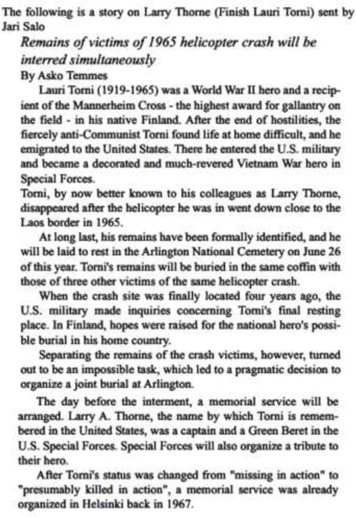MAJOR LARRY ALAN THORNE; U.S. ARMY; ALSO FINLAND and GERMANY – Honor ...