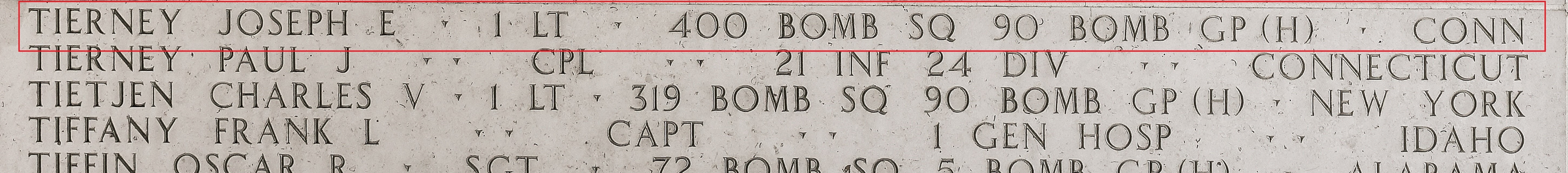 FIRST LIEUTENANT JOSEPH EDWARD TIERNEY; U.S. ARMY AIR FORCE – Honor ...