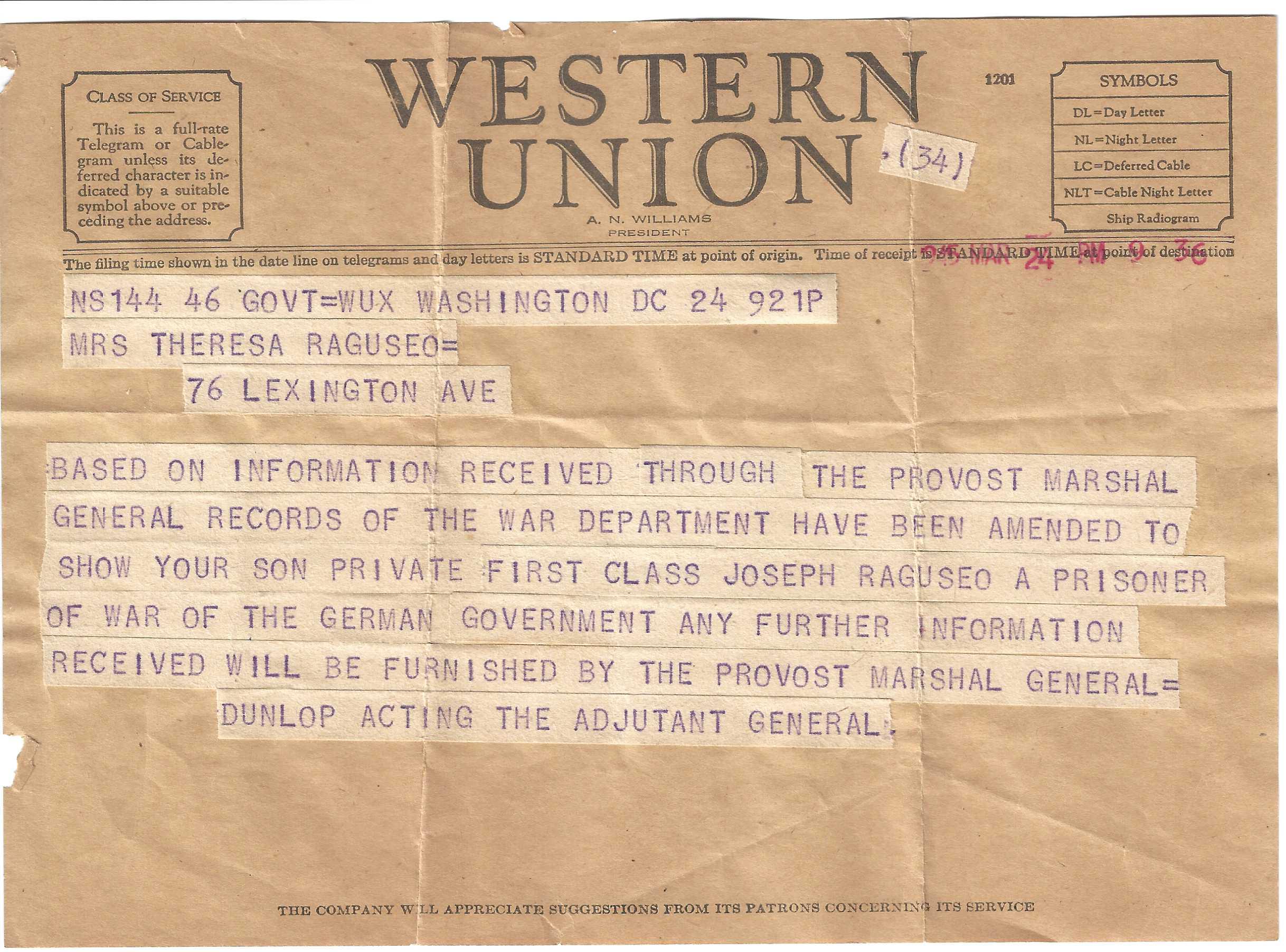 PRIVATE FIRST CLASS JOSEPH RAGUSEO; U.S. ARMY – Honor Norwalk CT veterans