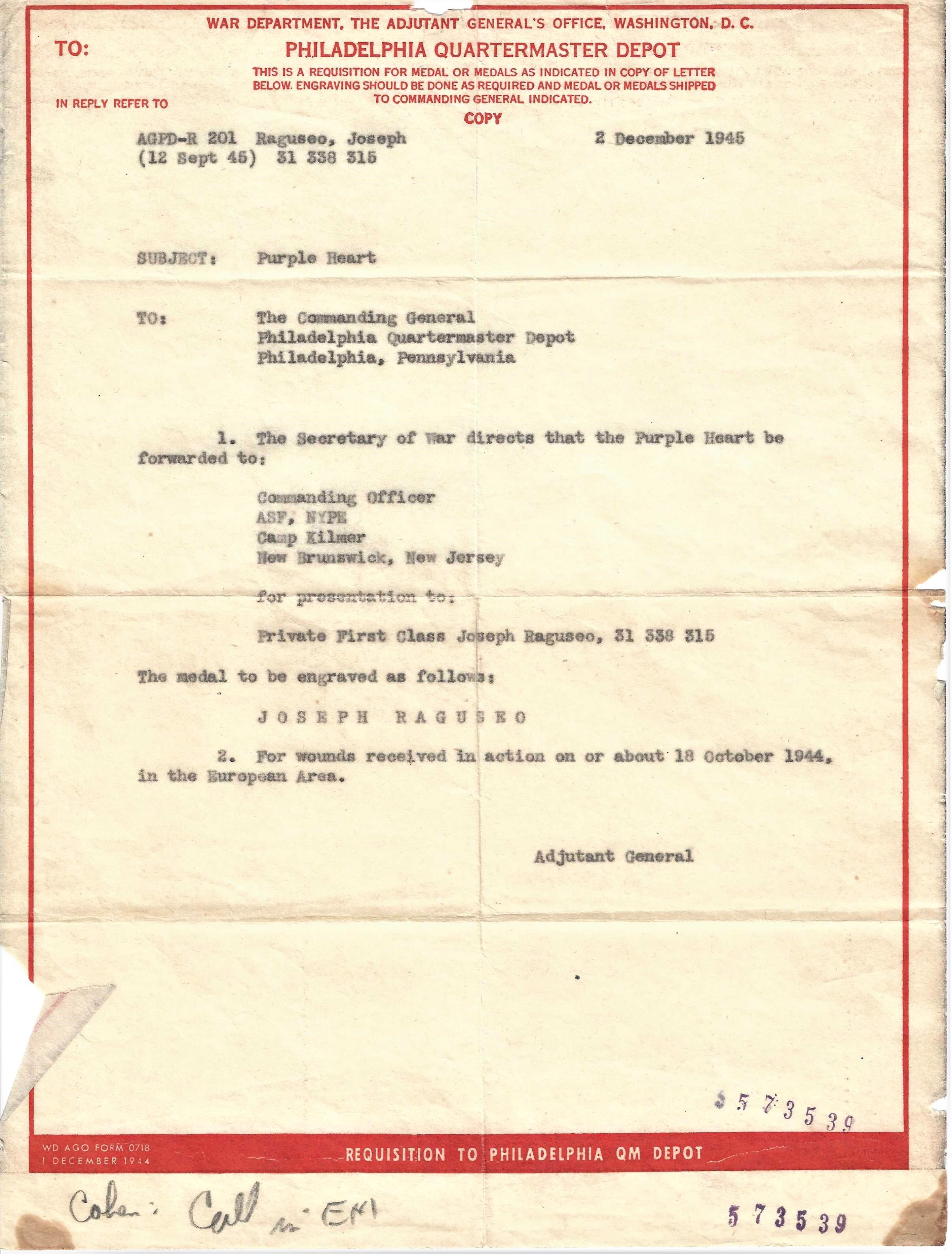 PRIVATE FIRST CLASS JOSEPH RAGUSEO; U.S. ARMY – Honor Norwalk CT veterans