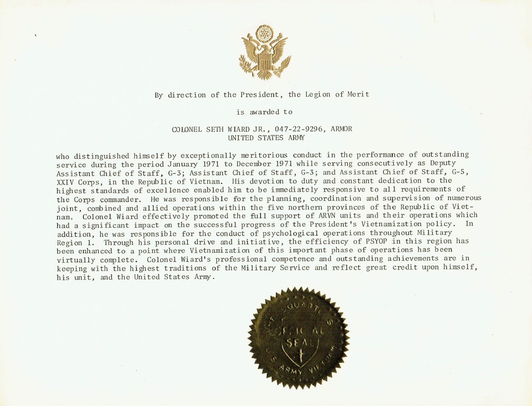 COLONEL SETH WIARD JR.; U.S. ARMY – Honor Norwalk CT veterans