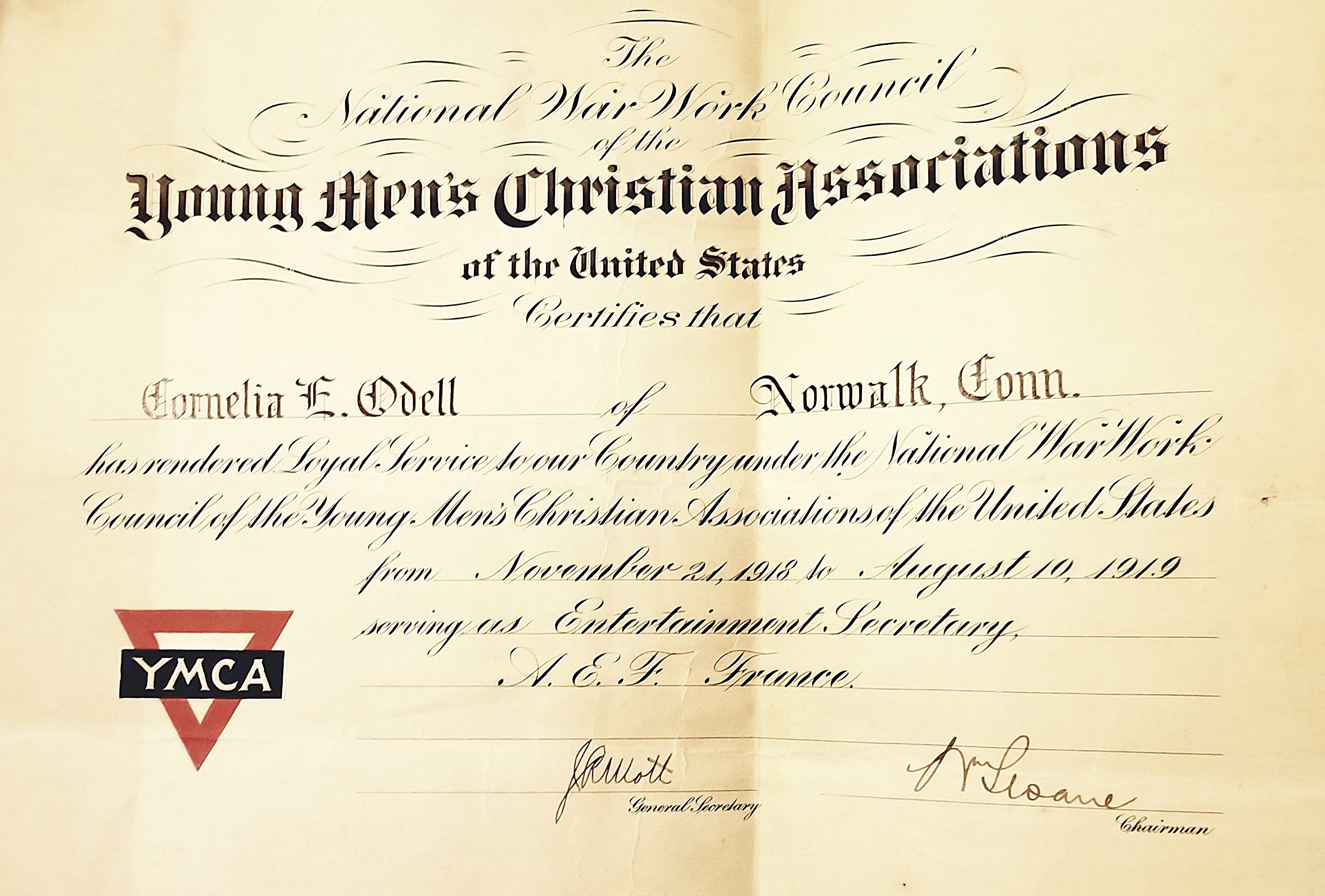 CORNELIA ELLEN ODELL; YMCA – Honor Norwalk CT veterans